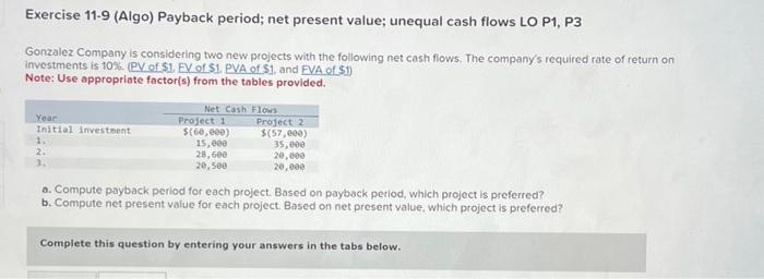 Solved Exercise 11-9 (Algo) Payback period; net present | Chegg.com