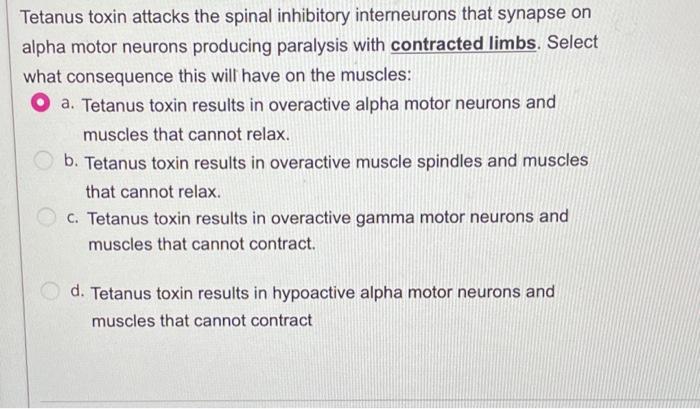 Solved Tetanus toxin attacks the spinal inhibitory | Chegg.com