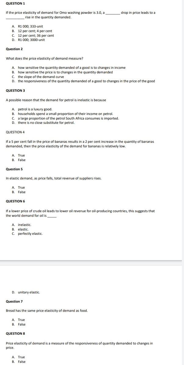 Solved QUESTION 1 1 drop in price leads to a If the price | Chegg.com