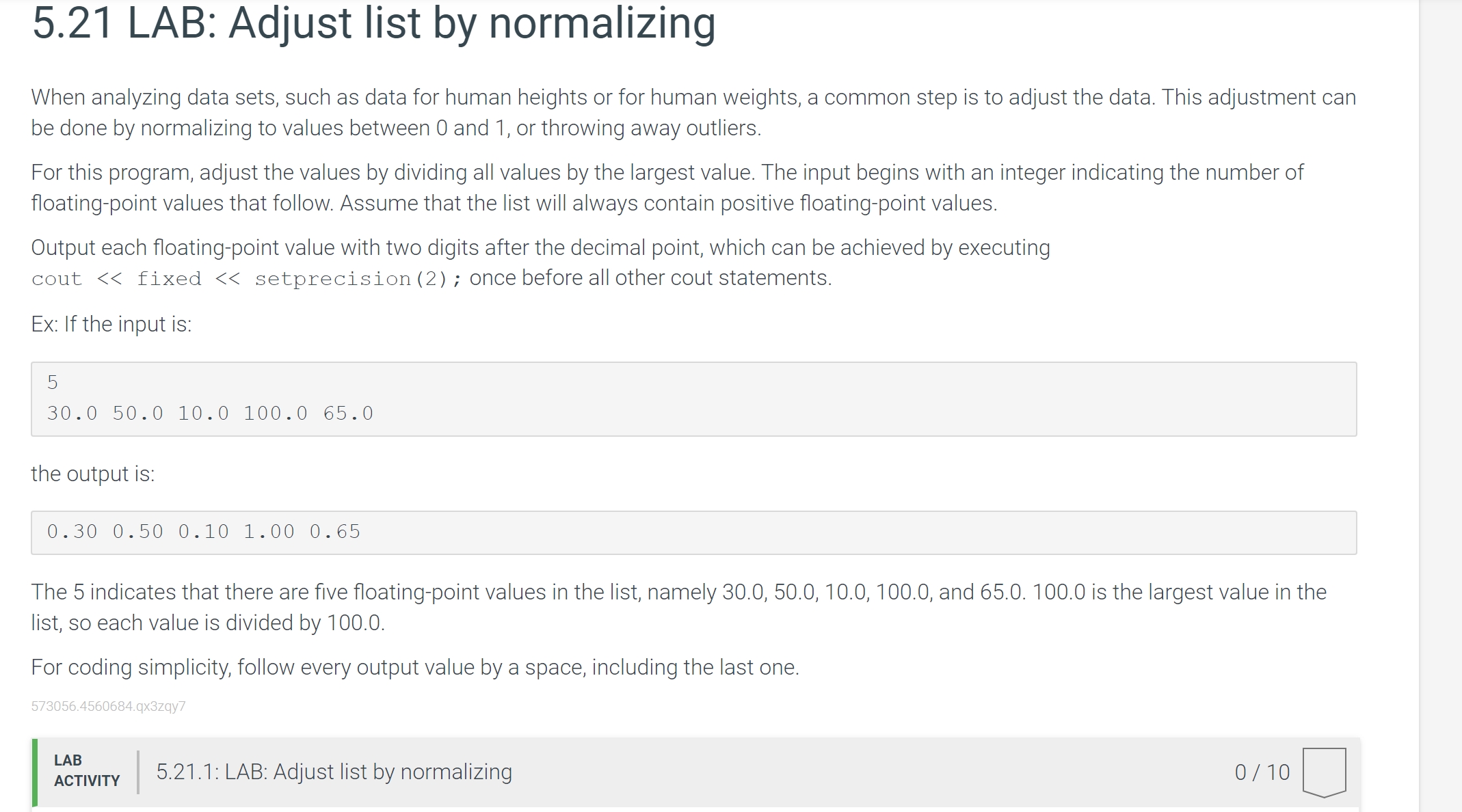 Solved 5.21 ﻿LAB: Adjust list by normalizingWhen analyzing | Chegg.com
