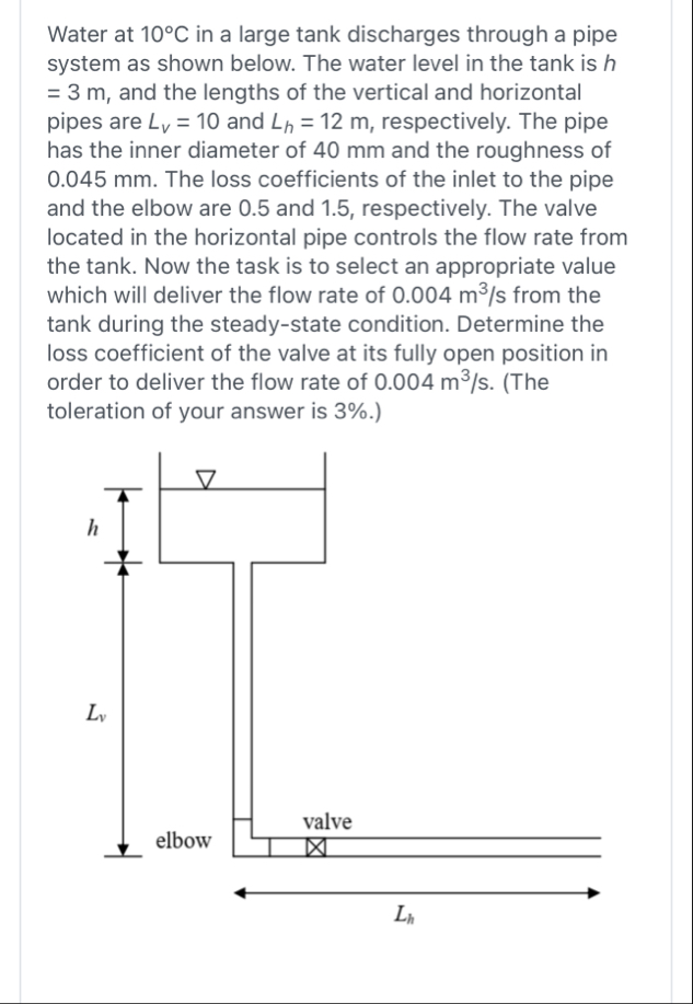 Solved Water at 10°C ﻿in a large tank discharges through a | Chegg.com