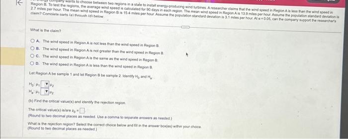 Solved Rogion B. To test the regions. the mvecage wind | Chegg.com