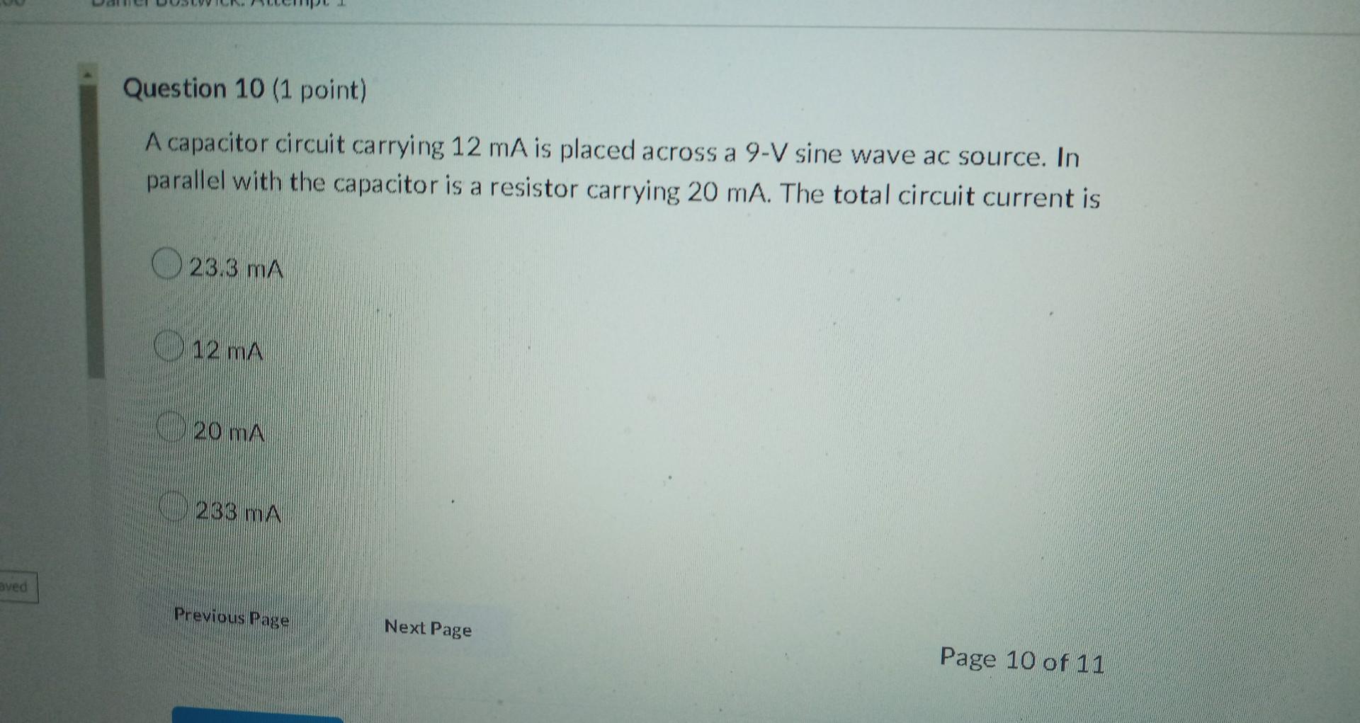Solved aved Question 10 (1 point) A capacitor circuit | Chegg.com