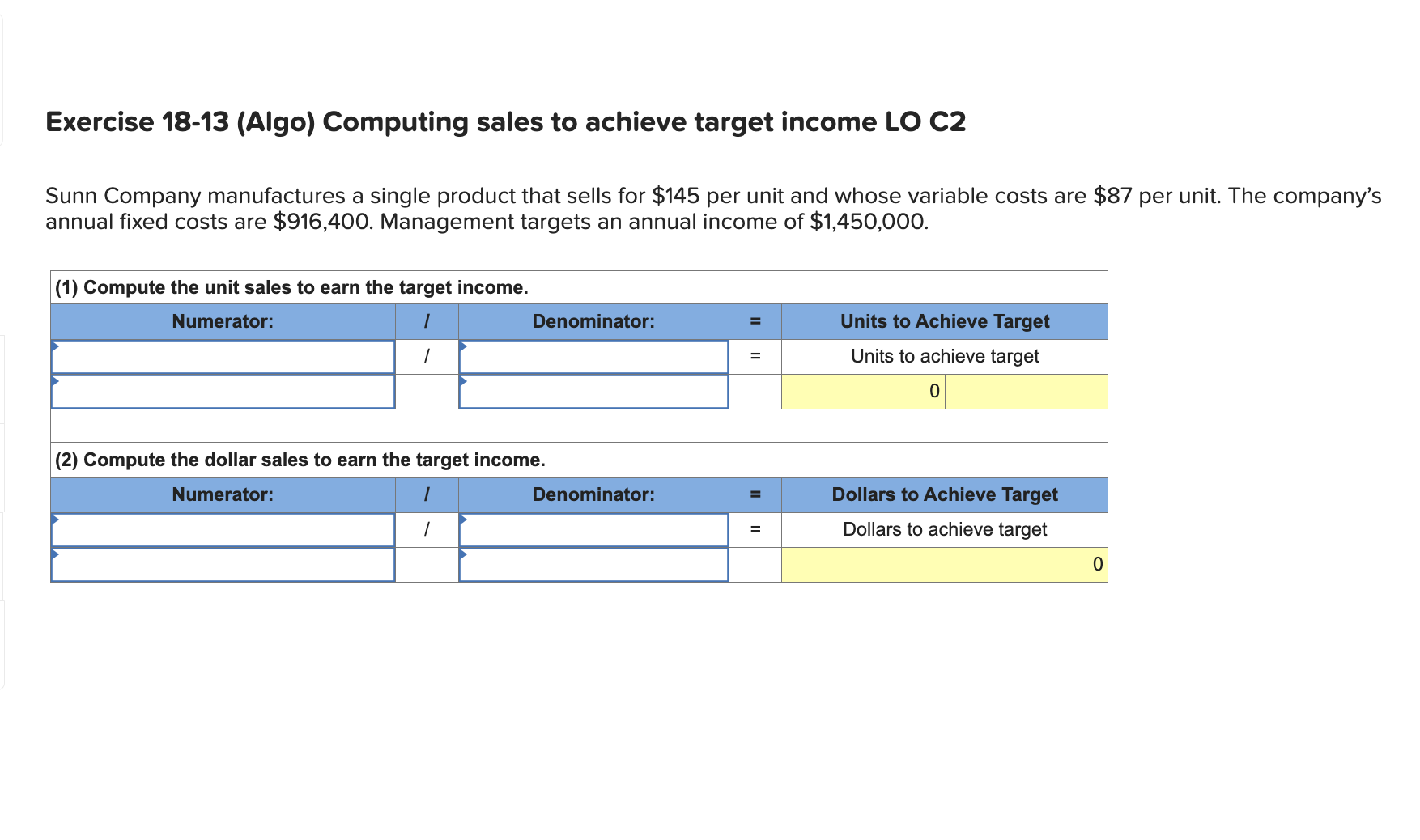 Solved Exercise 18-13 (Algo) ﻿Computing sales to achieve | Chegg.com