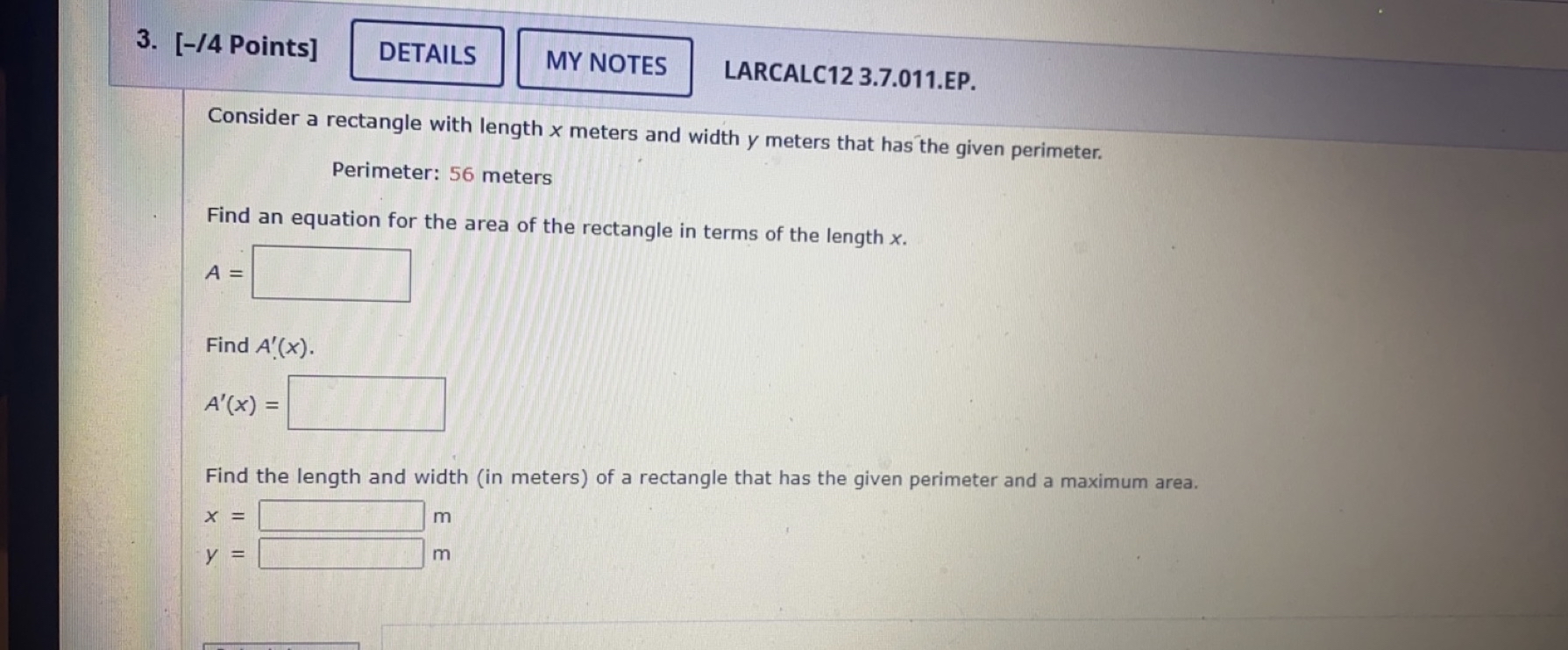 Solved Consider a rectangle with length x ﻿meters and width | Chegg.com