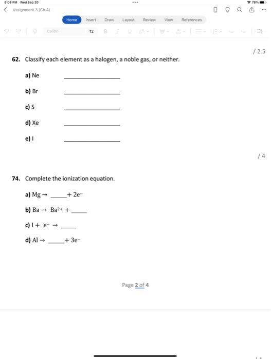 Solved 62. Classify each element as a halogen, a noble gas, | Chegg.com