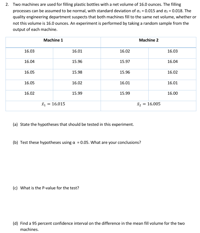 Solved 2. ﻿Two machines are used for filling plastic bottles | Chegg.com