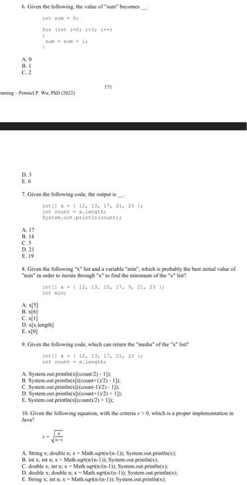 Solved 6. Given the following, the value of "sum" becornes | Chegg.com