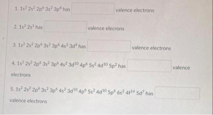 Solved 1. 1s? 2s 2p 3s 3p has valence electrons 2. 152 2s1 | Chegg.com