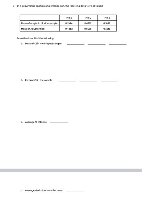 Solved 1. In a gravimetric analysis of a chloride solf, the | Chegg.com