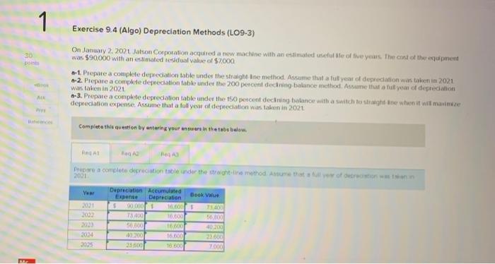 Solved 1 30 Exercise 9.4 (Algo) Depreciation Methods (LO9-3) | Chegg.com