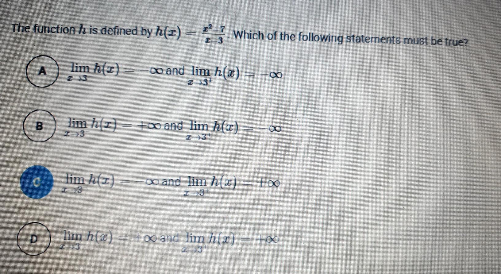 Solved The function h is defined by h(c) Which of the | Chegg.com