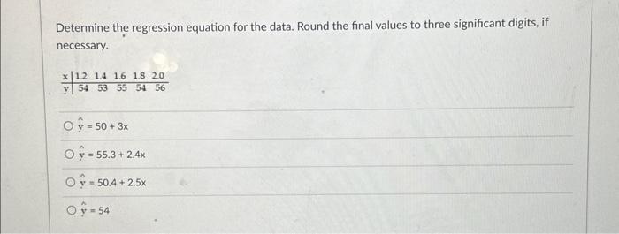 Solved Determine the regression equation for the data. Round | Chegg.com