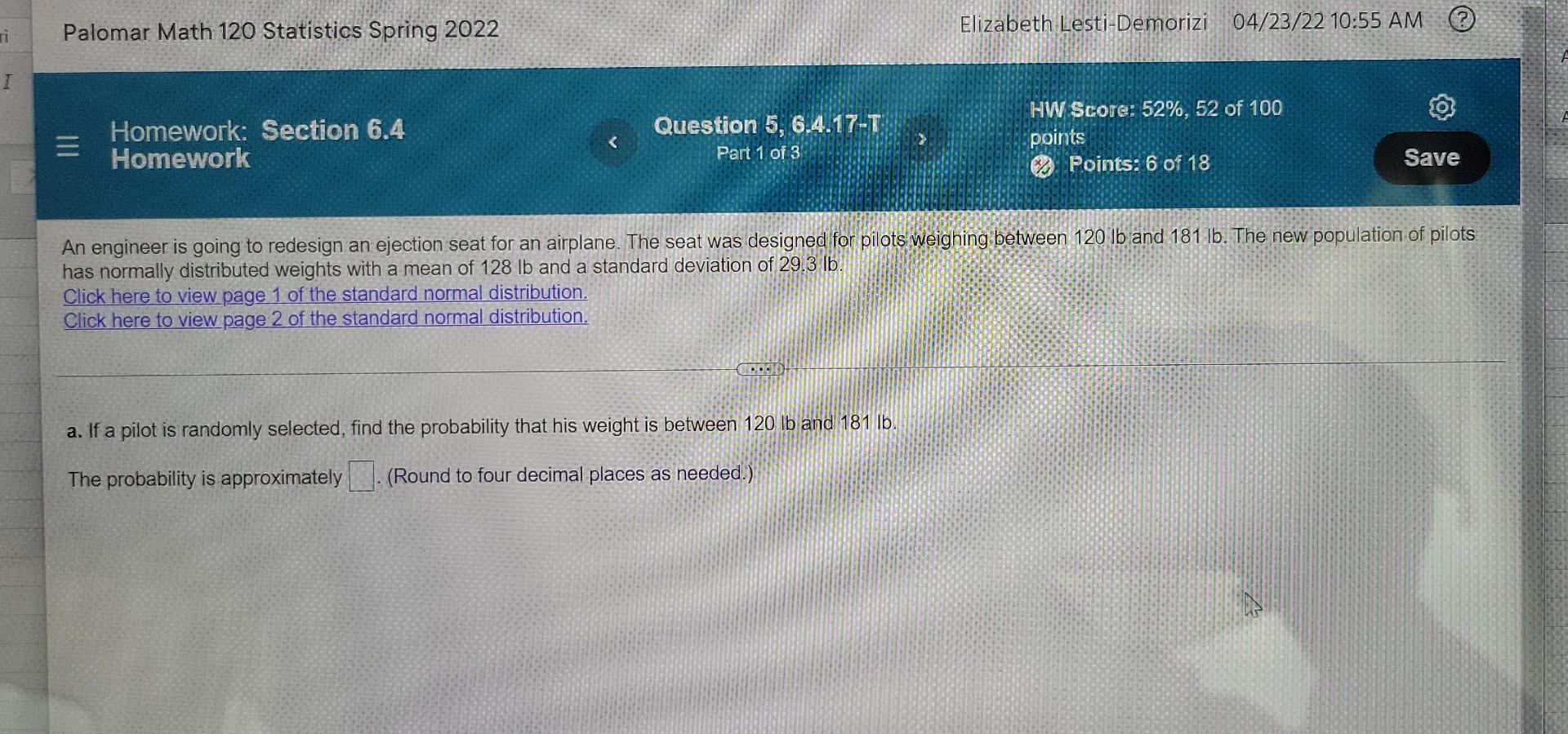 Solved Palomar Math 120 Statistics Spring 2022 Elizabeth | Chegg.com