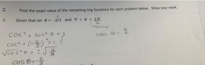 Solved find the exact vaule of the remaining trig functions | Chegg.com