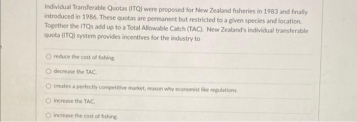 Solved Individual Transferable Quotas (ITQ) were proposed | Chegg.com