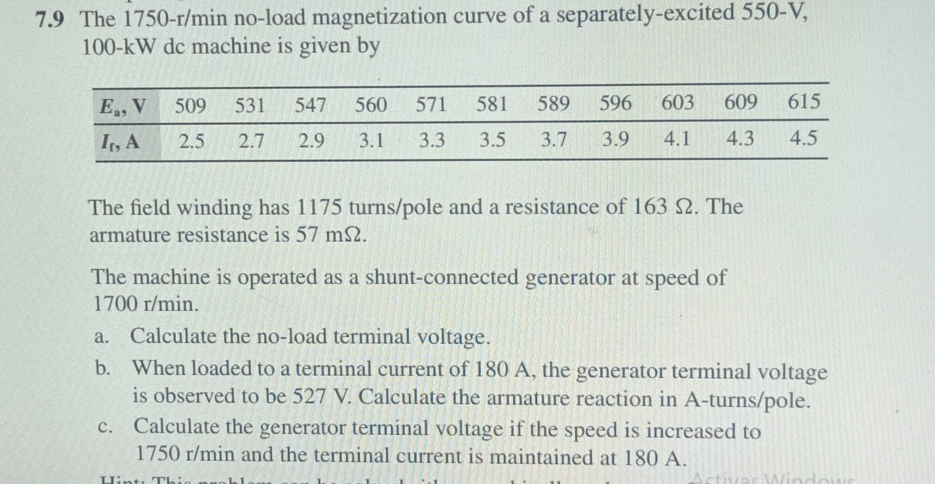 Solved 7.9 The 1750-r/min no-load magnetization curve of a | Chegg.com