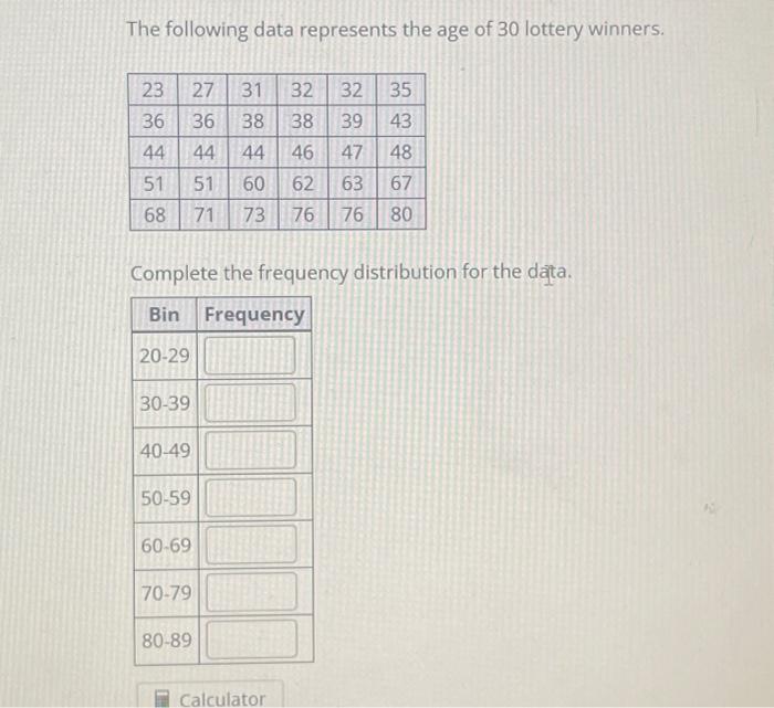 Solved The following data represents the age of 30 lottery | Chegg.com