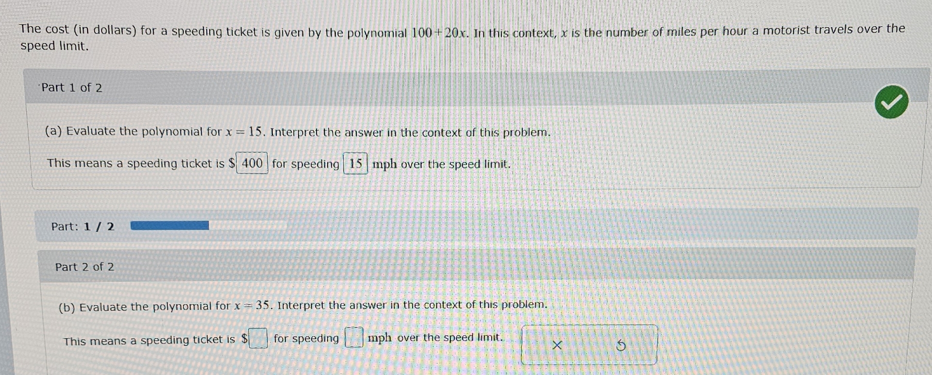 Solved The cost (in dollars) ﻿for a speeding ticket is given | Chegg.com