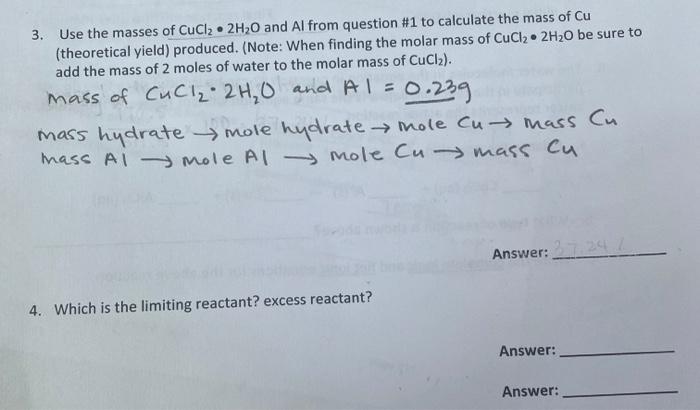 Solved 3. Use the masses of CuCl2 • 2H20 and Al from | Chegg.com