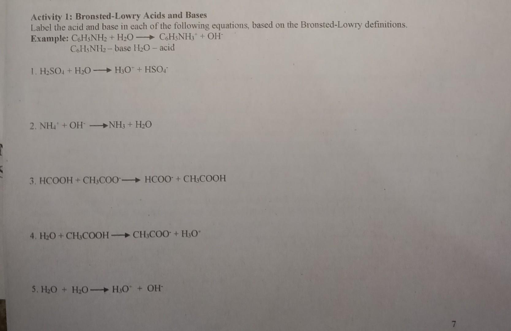 Solved Activity 1: Bronsted-Lowry Acids and Bases Label the | Chegg.com