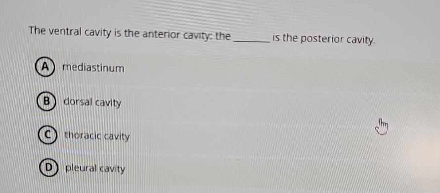 Solved The ventral cavity is the anterior cavity, the is the | Chegg.com