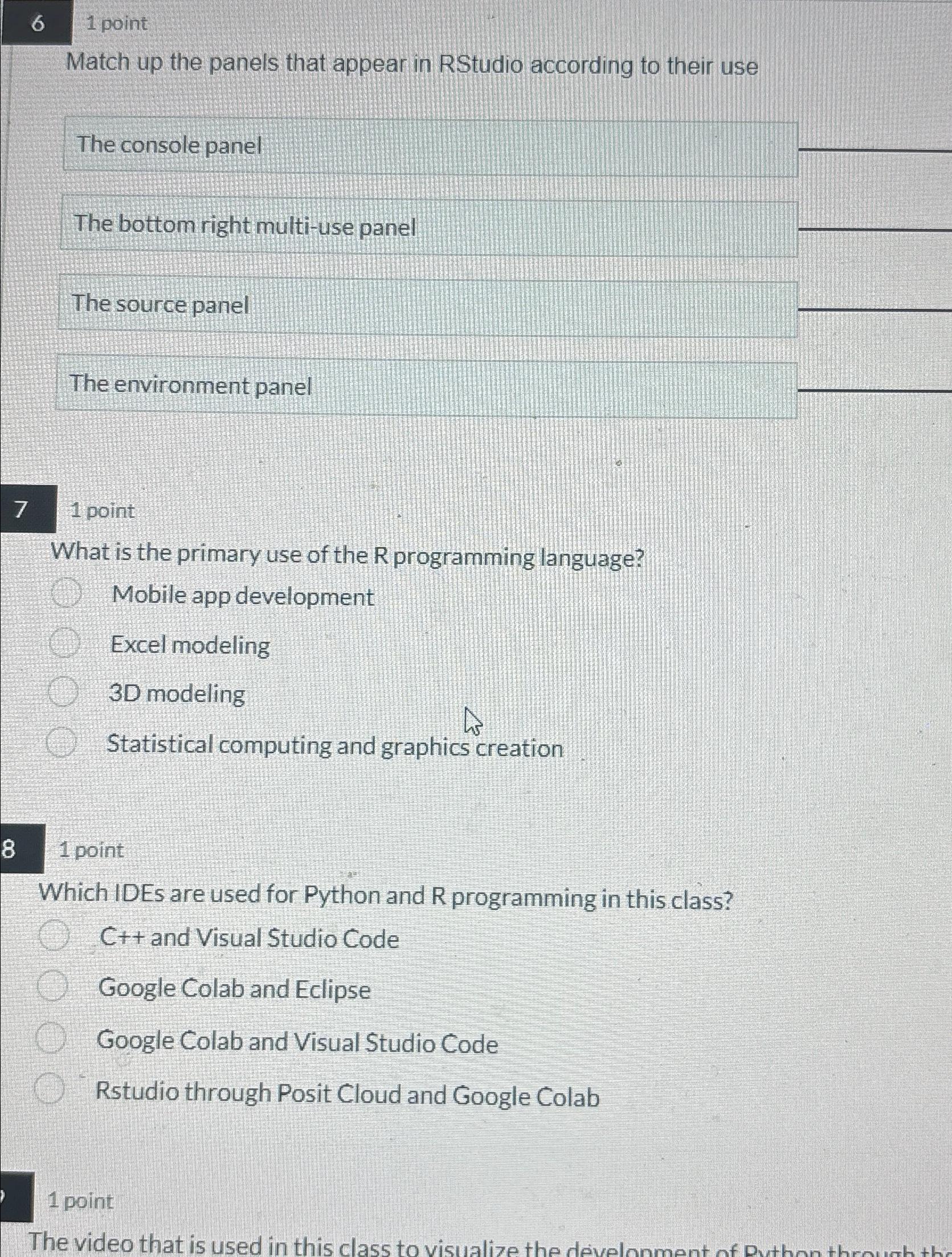 Solved 61 ﻿pointMatch up the panels that appear in RStudio | Chegg.com