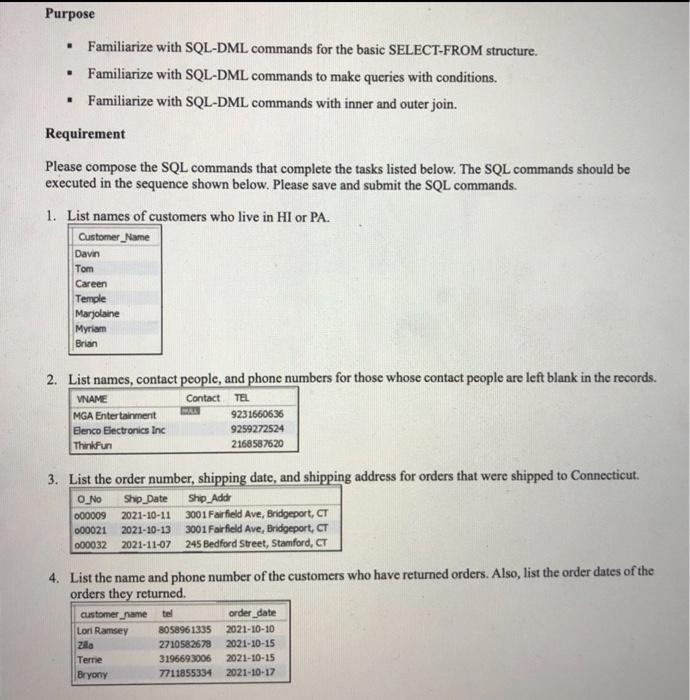 Solved Purpose - Familiarize with SQL-DML commands for the | Chegg.com