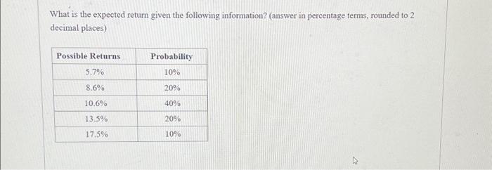 Solved What is the expected return given the following | Chegg.com