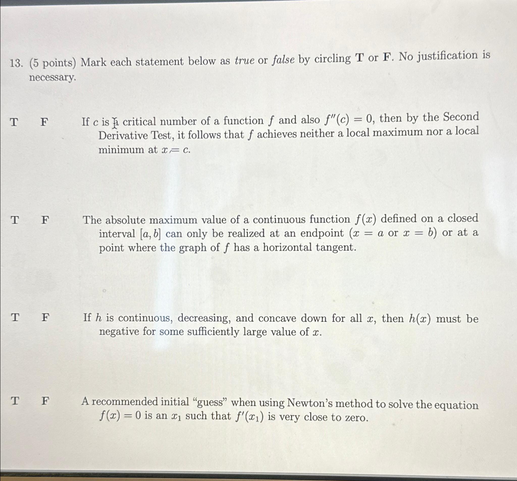 Solved (5 points) Mark each statement below as true or false | Chegg.com