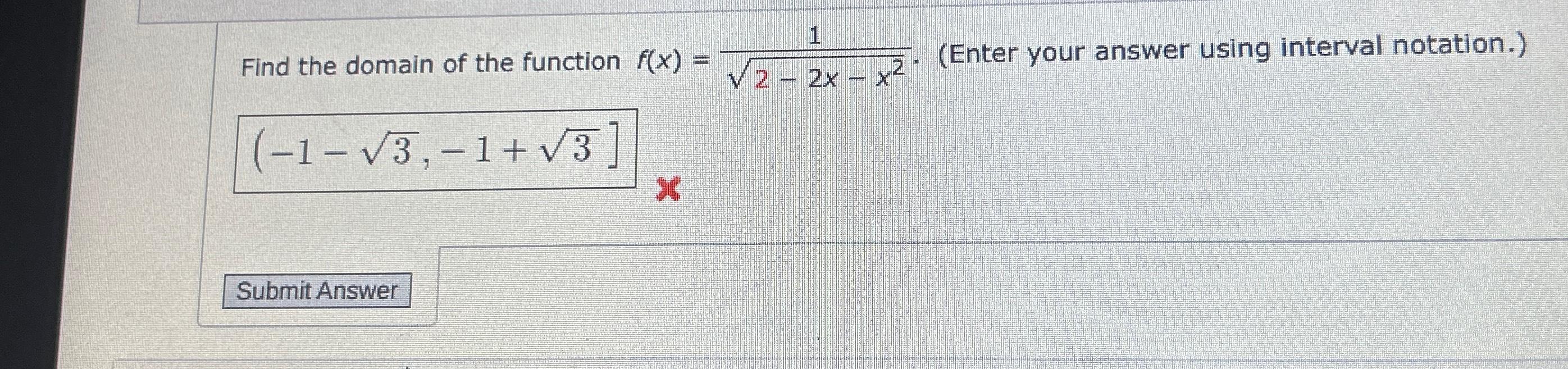 Solved Find the domain of the function f(x)=12-2x-x22. | Chegg.com