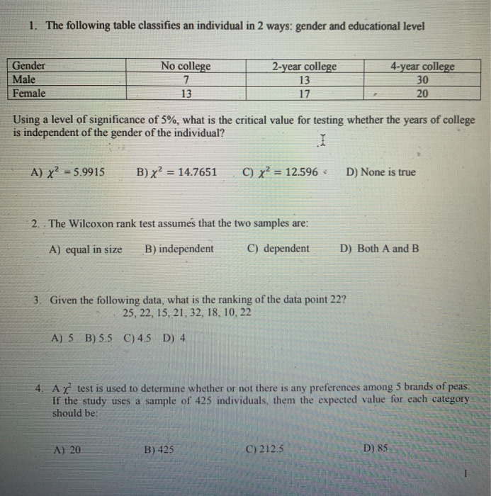 Solved 1. The following table classifies an individual in 2 | Chegg.com