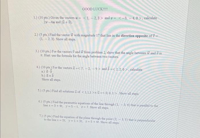 Solved 1.) (10 pts.) Given the vectors u= 1,−2,3 and | Chegg.com