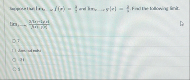 Solved Suppose that limx→cf(x)=32 ﻿and limx→cg(x)=23. ﻿Find | Chegg.com