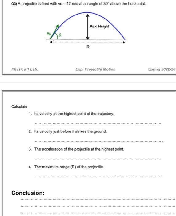 Solved Q3) A projectile is fired with vo =17 m/s at an angle | Chegg.com