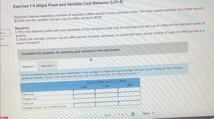 Solved Exercise 1 4 Algo Fixed And Variable Cost Behavior 5807