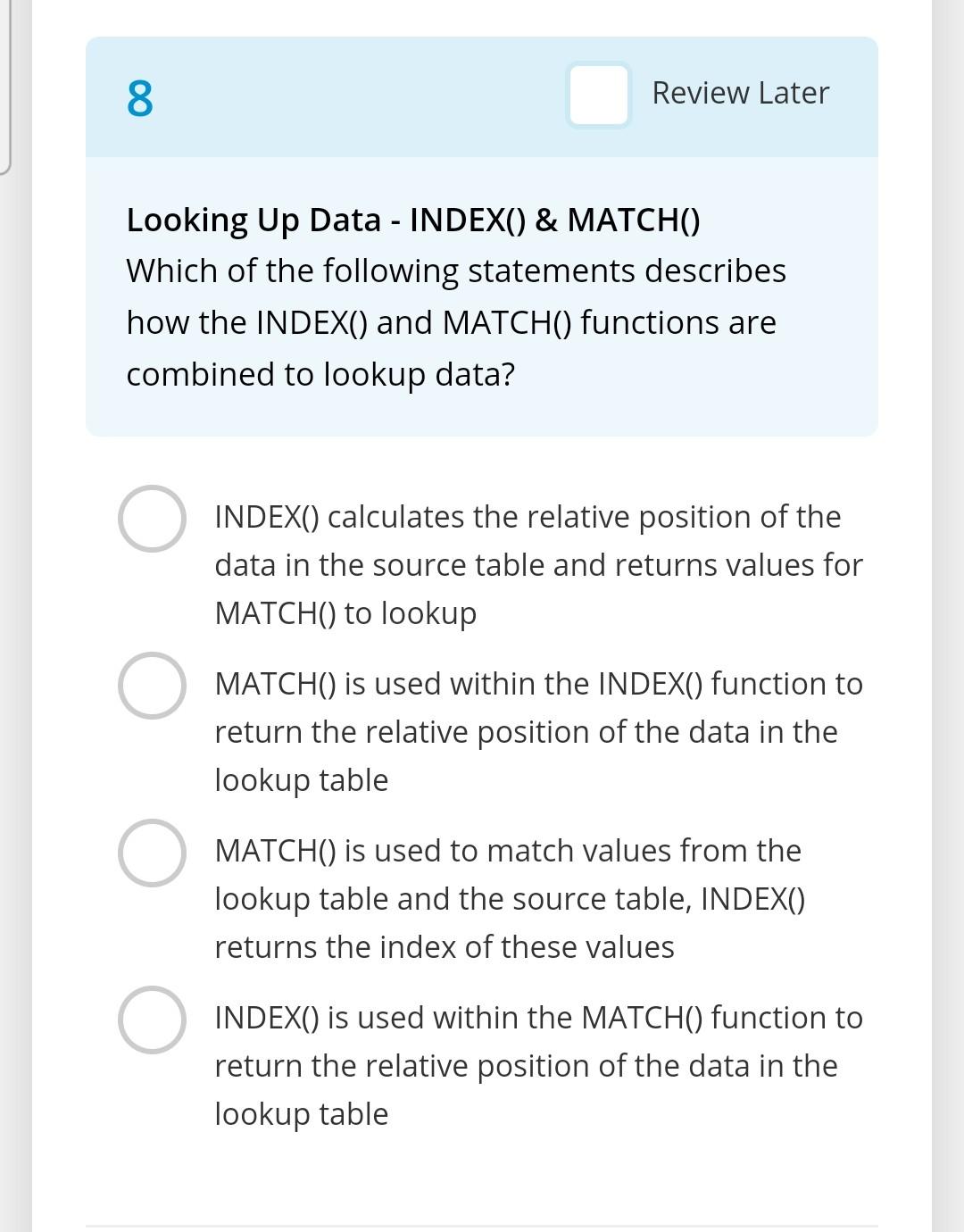 Solved 8 Review Later Looking Up Data - INDEX() \& MATCH() | Chegg.com