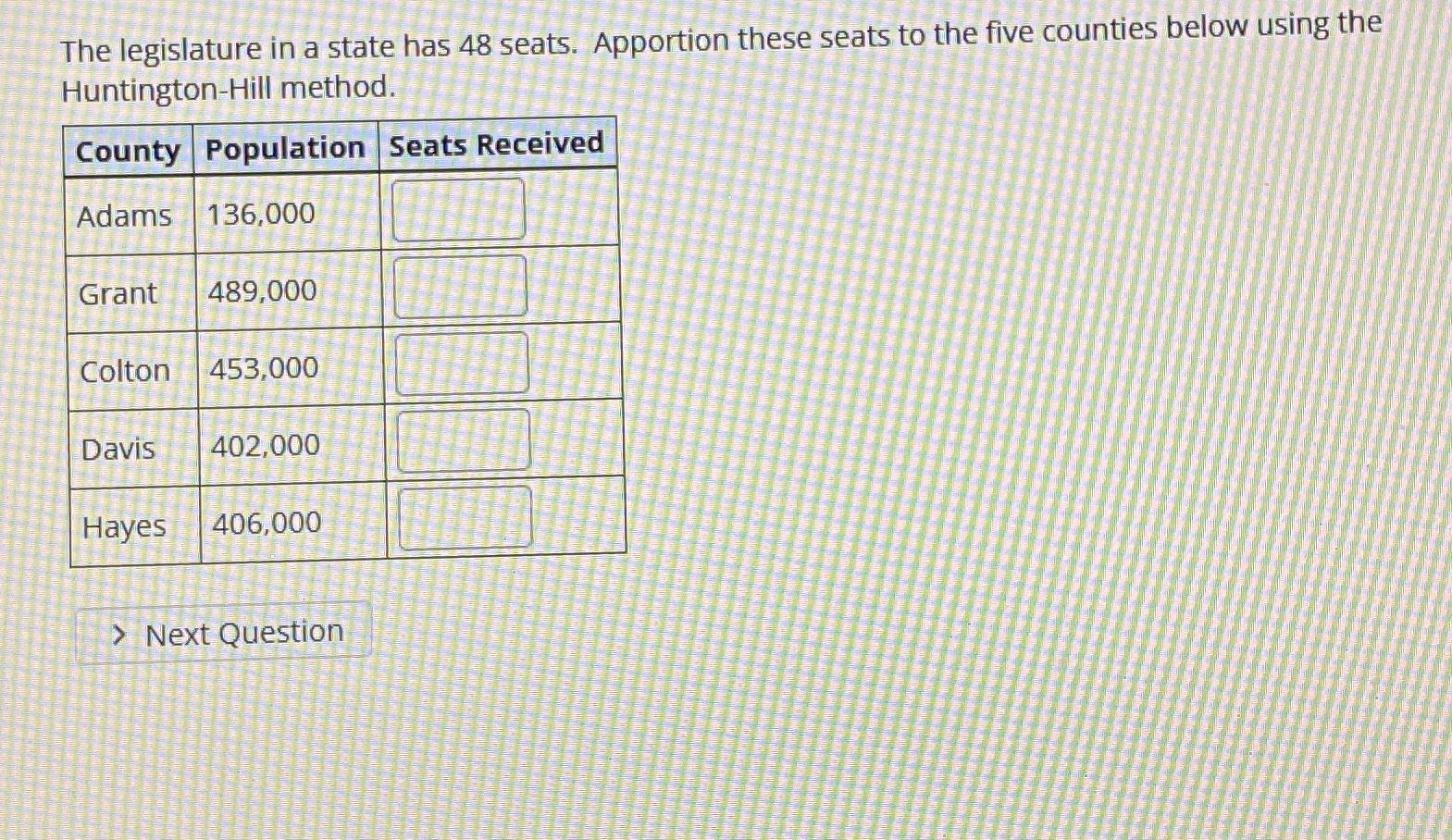 Solved The legislature in a state has 48 ﻿seats. Apportion | Chegg.com