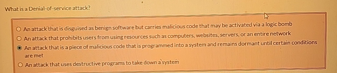 Solved What is a Denial-of-service attack?An attack that is | Chegg.com