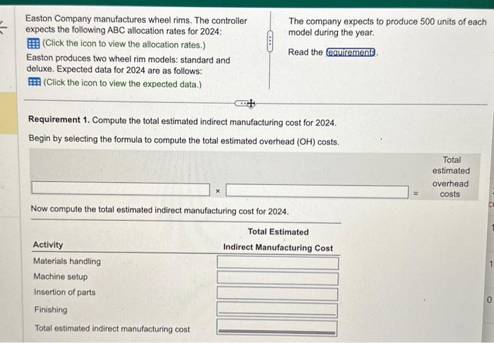 Solved Data tableData tableEaston Company manufactures wheel | Chegg.com