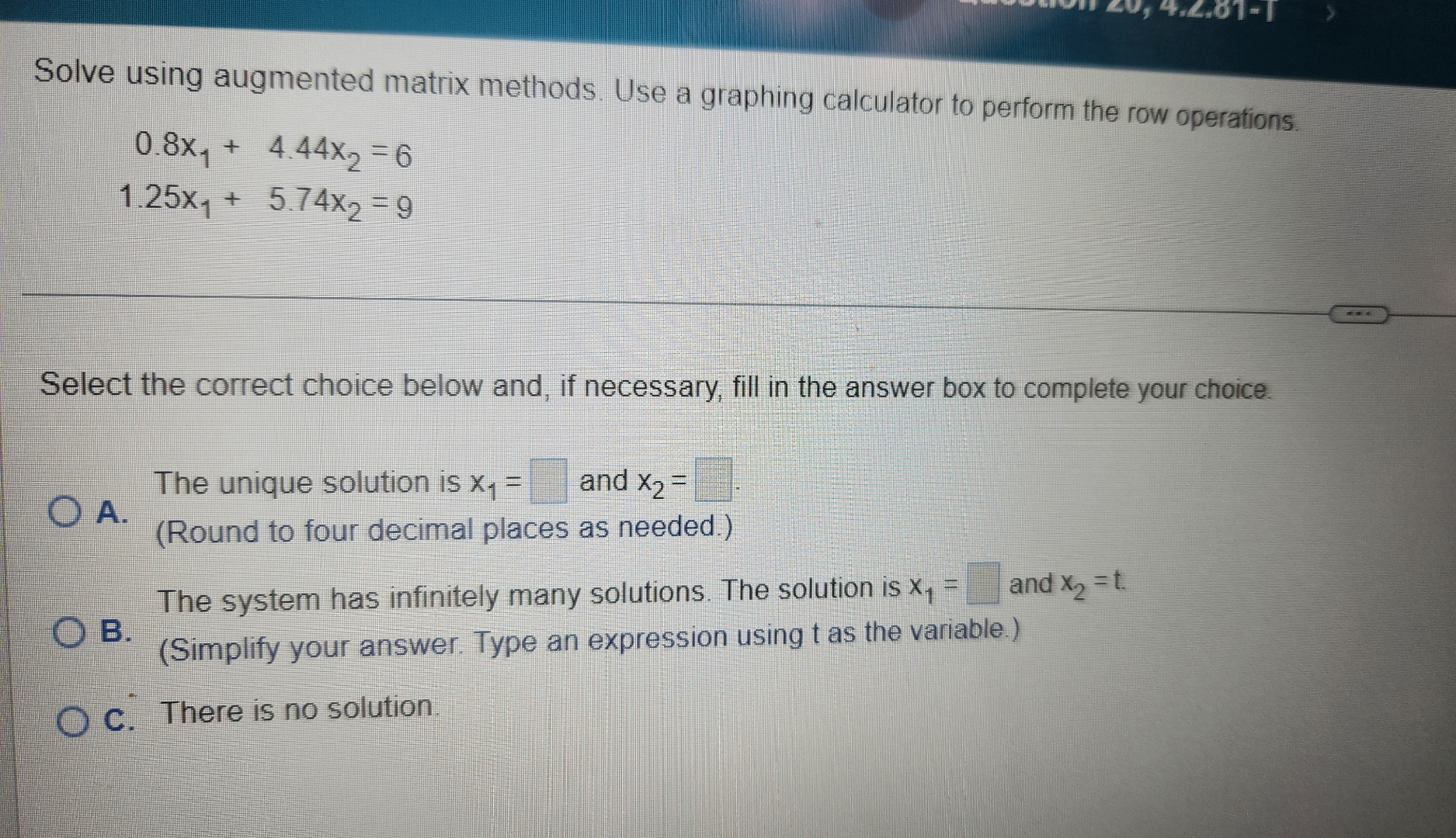 Solved Solve using augmented matrix methods. Use a graphing | Chegg.com