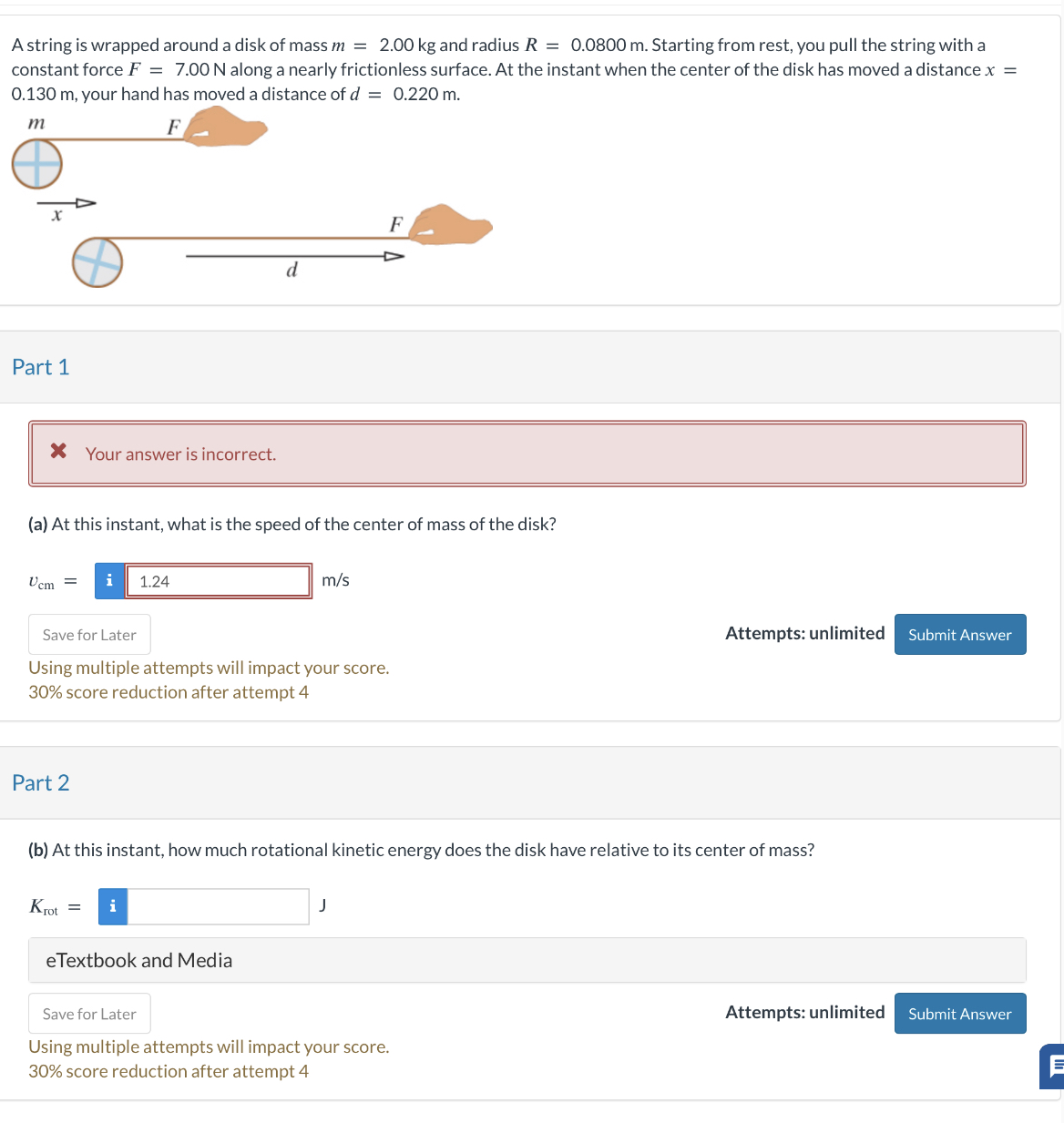 Solved A string is wrapped around a disk of mass m=2.00kg | Chegg.com
