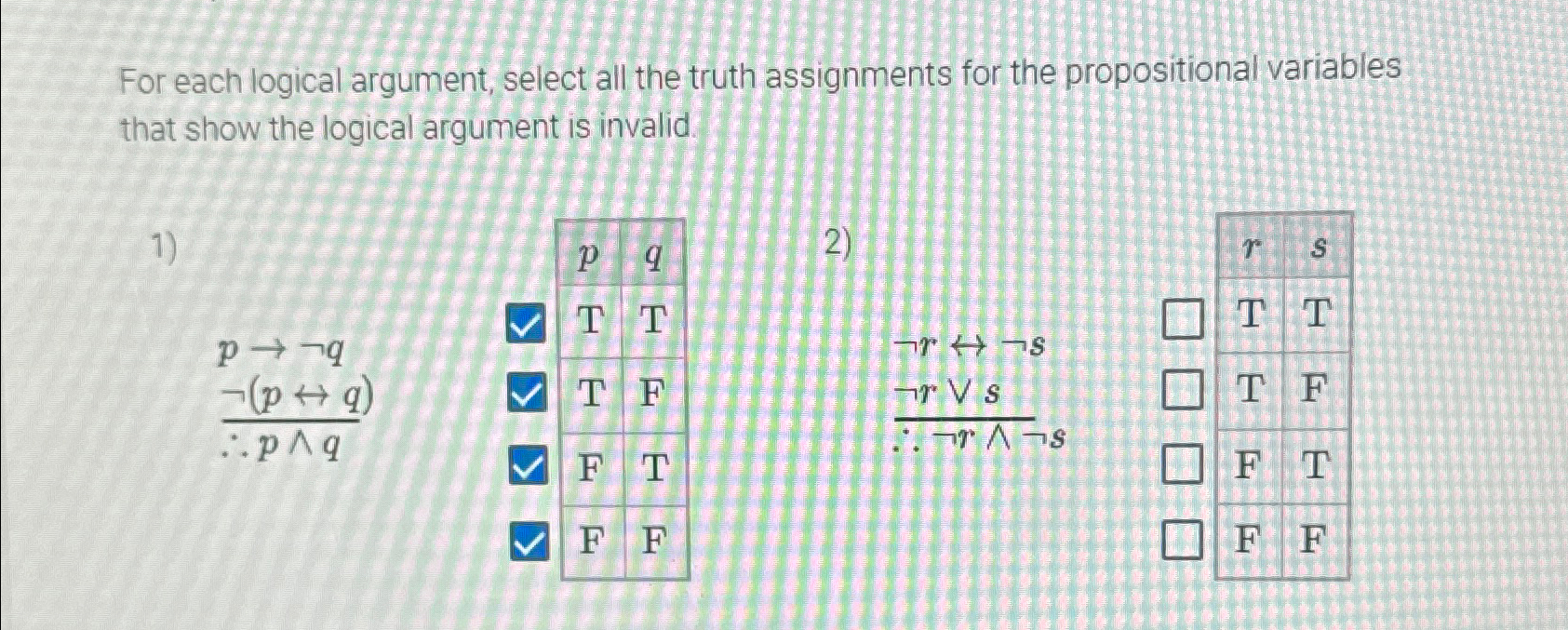 Solved For each logical argument, select all the truth | Chegg.com