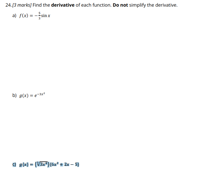 Solved [3 ﻿marks] ﻿Find the derivative of each function. Do | Chegg.com