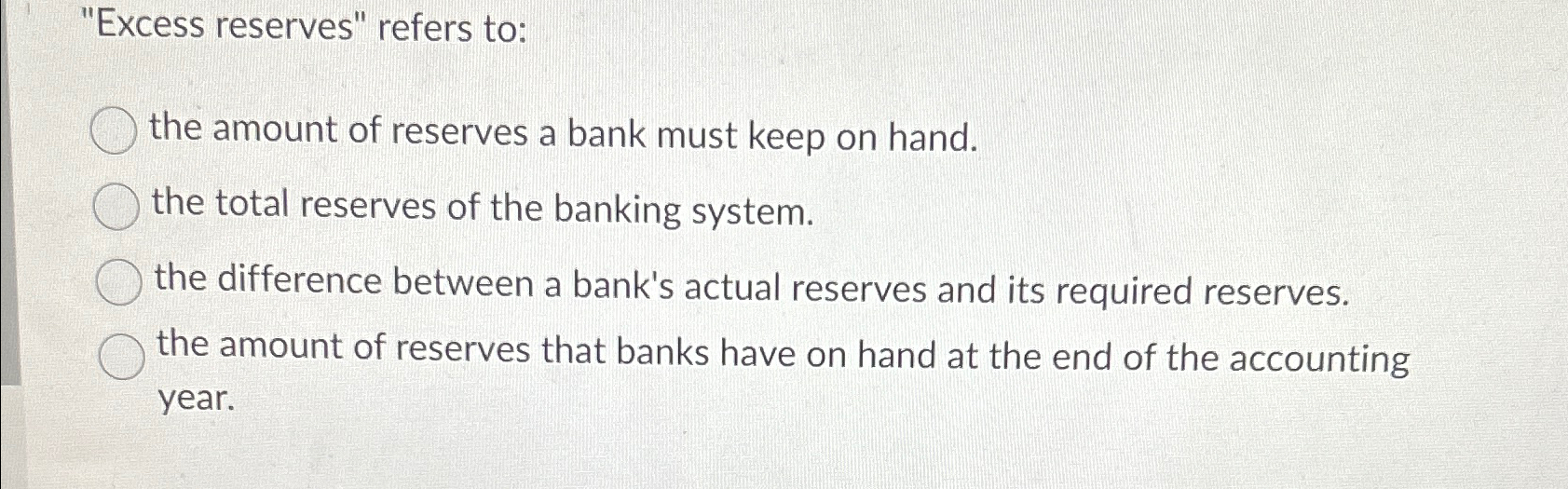 Solved "Excess reserves" refers to:the amount of reserves a | Chegg.com