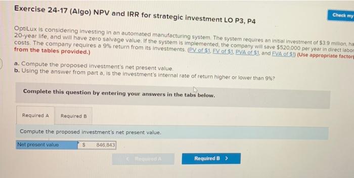 Solved Exercise 24-17 (Algo) NPV and IRR for strategic | Chegg.com