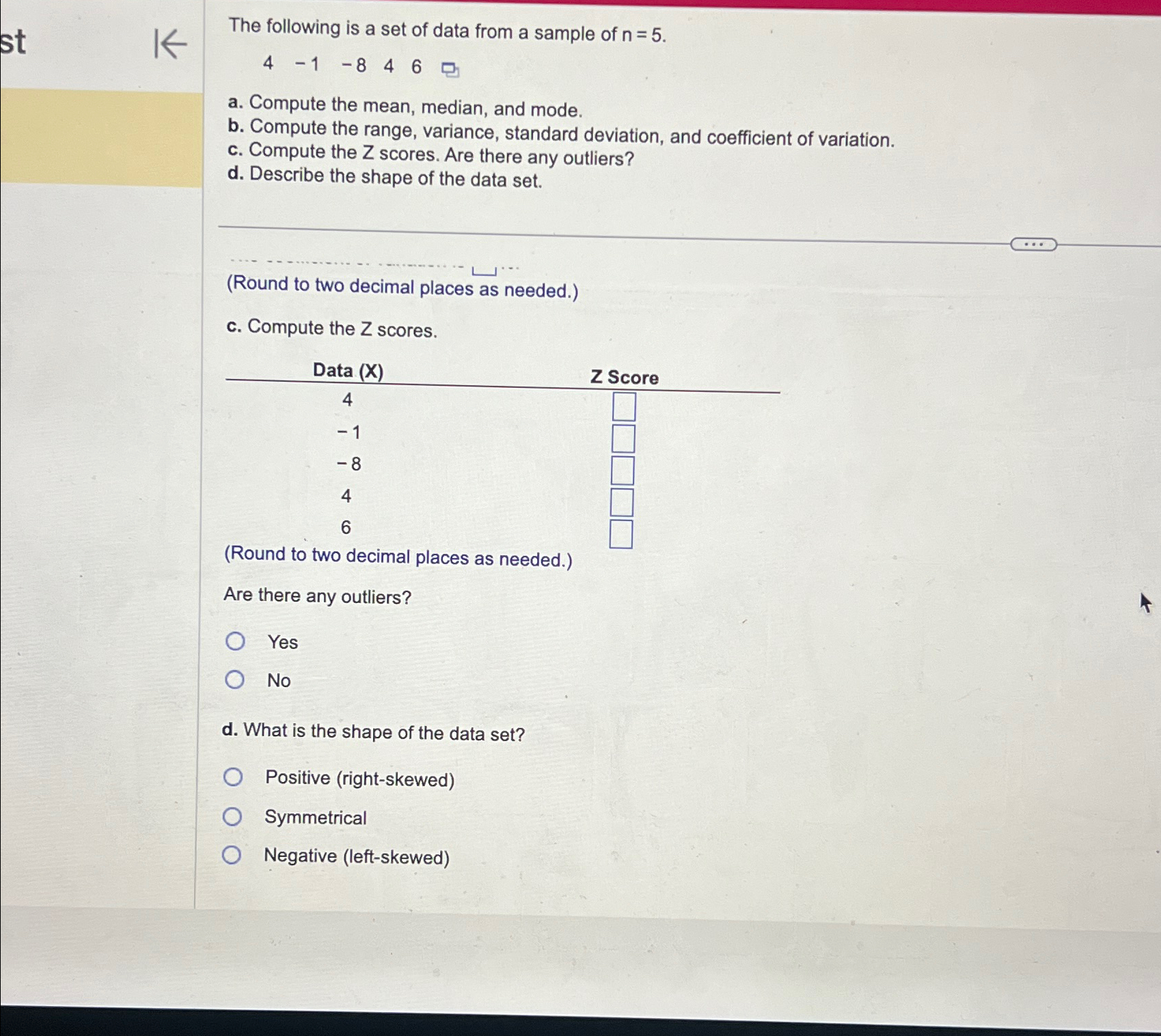 Solved The following is a set of data from a sample of | Chegg.com