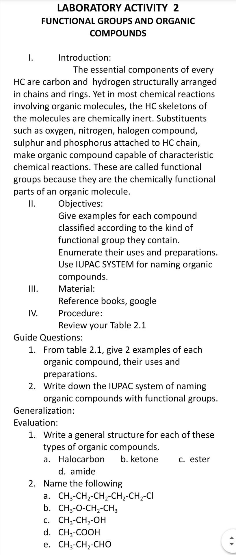 Solved LABORATORY ACTIVITY 2 FUNCTIONAL GROUPS AND ORGANIC | Chegg.com