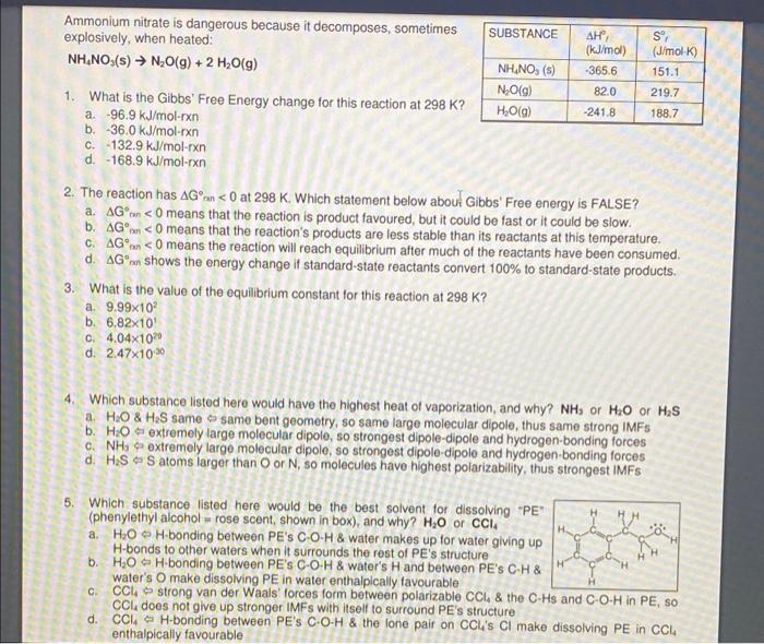 Solved Ammonium nitrate is dangerous because it decomposes, | Chegg.com