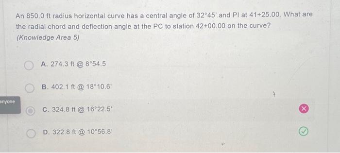 Solved An 850.0ft radius horizontal curve has a central | Chegg.com